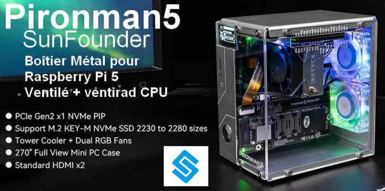 Boîtier Pironman 5 de SunFounder pour Raspberry Pi 5 avec M.2 NVMe PCIe - Framboise 314, le ...